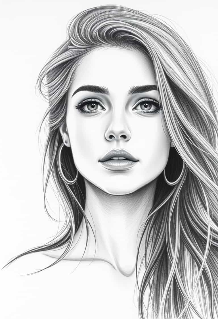 Hyperrealistic pencil portrait of a woman with long hair an…