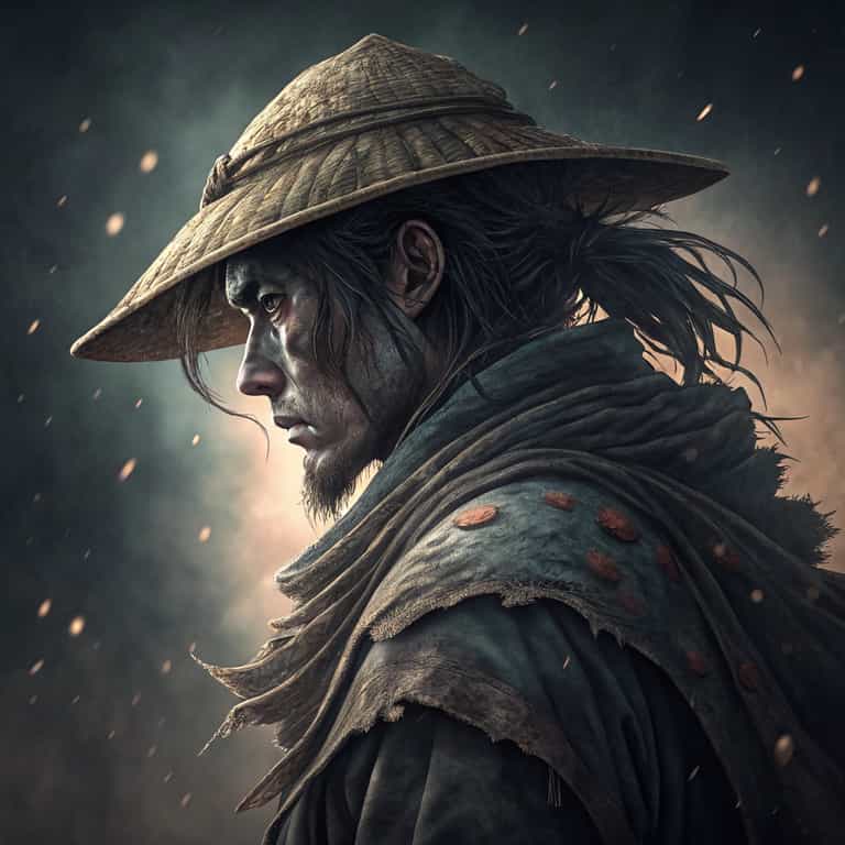 Stylish Samurai Character Art A Dark, Mysterious Figure in