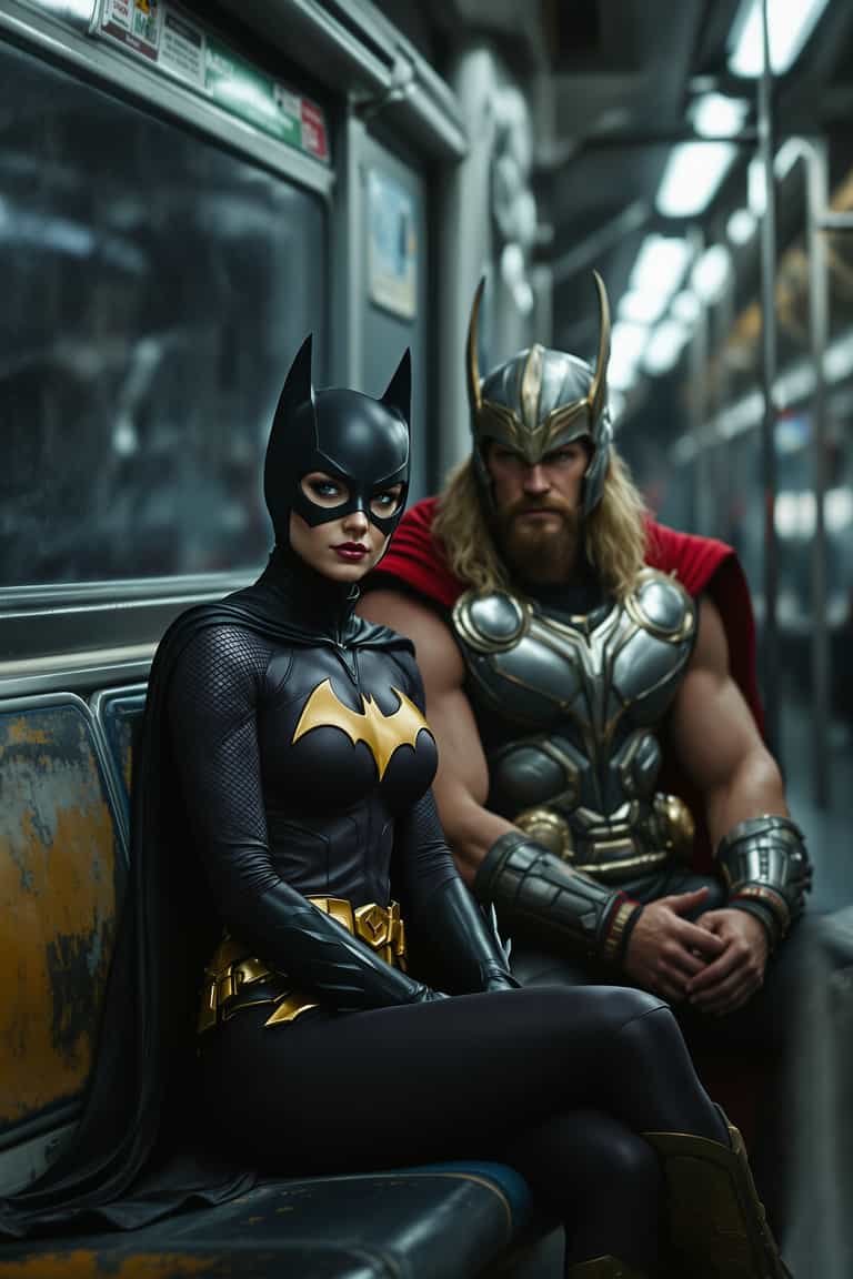 Batman and Thor Sitting Together on a Train - Pixel Dojo