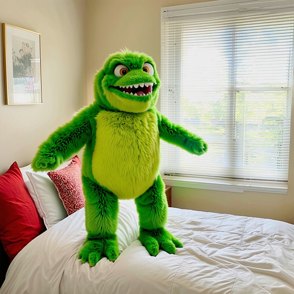 Surprise Visitor A Plush Green Monster Stands on a Bed - Pixel Dojo