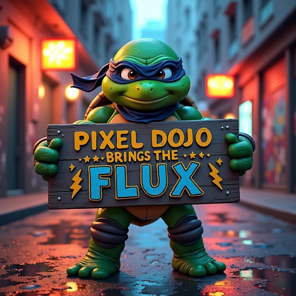 Teenage Mutant Ninja Turtle Holds Pixel Dojo Brings the Flux Sign ...