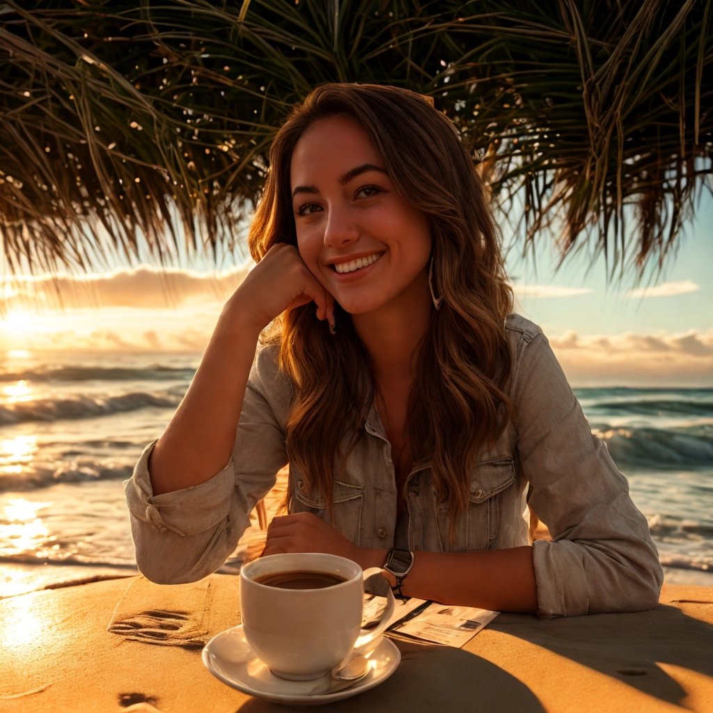 Seaside Serenity: A Cup of Coffee and a Glimpse of the Sunset. - Pixel Dojo