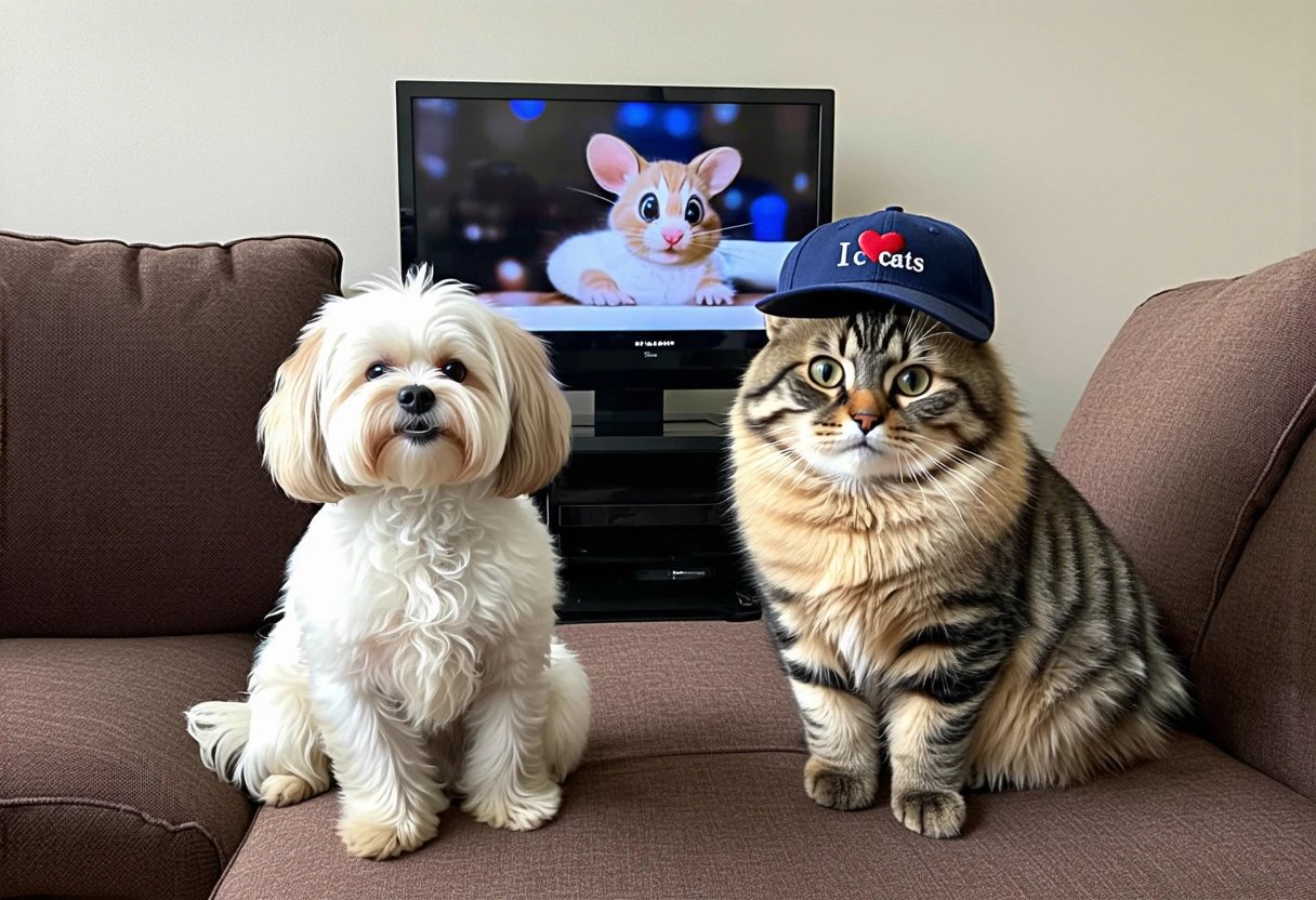 Adorable Pet Duo A Dog and a Cat Share a Couch with a TV Airing a ...