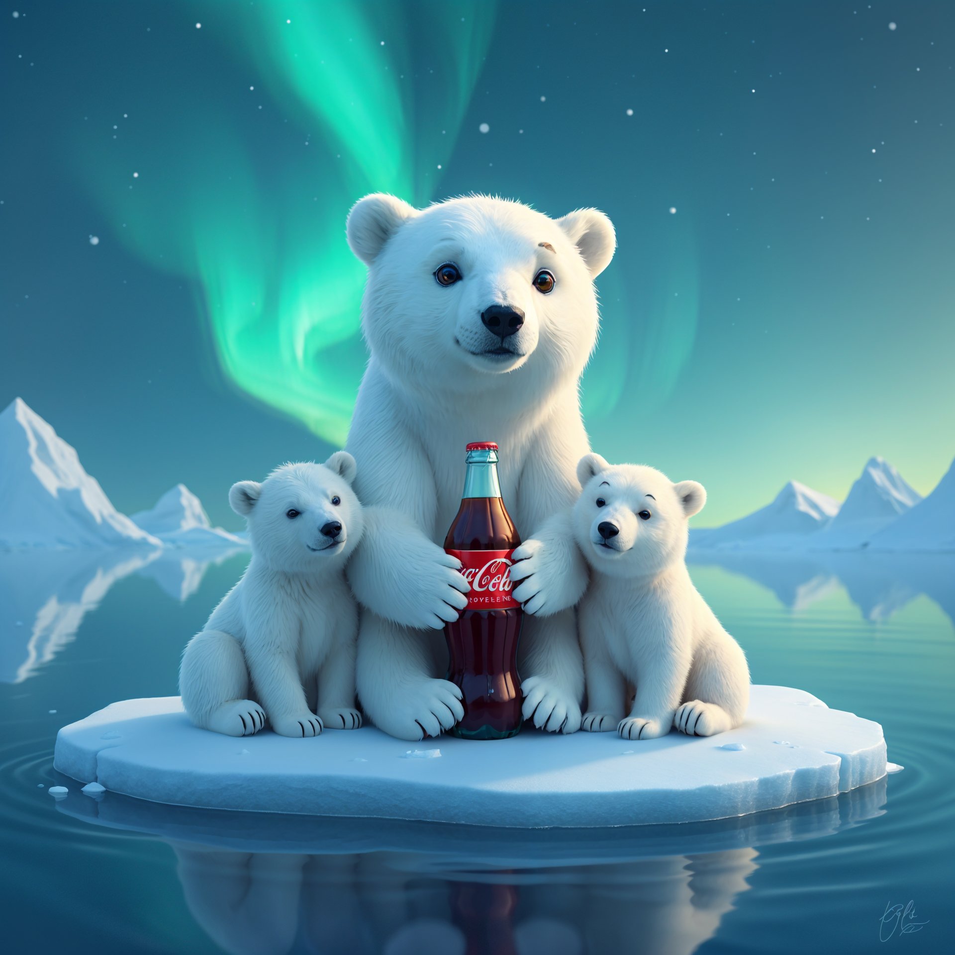 an adorable whimsical polar bear mother holding a bottle of Coca Cola ...