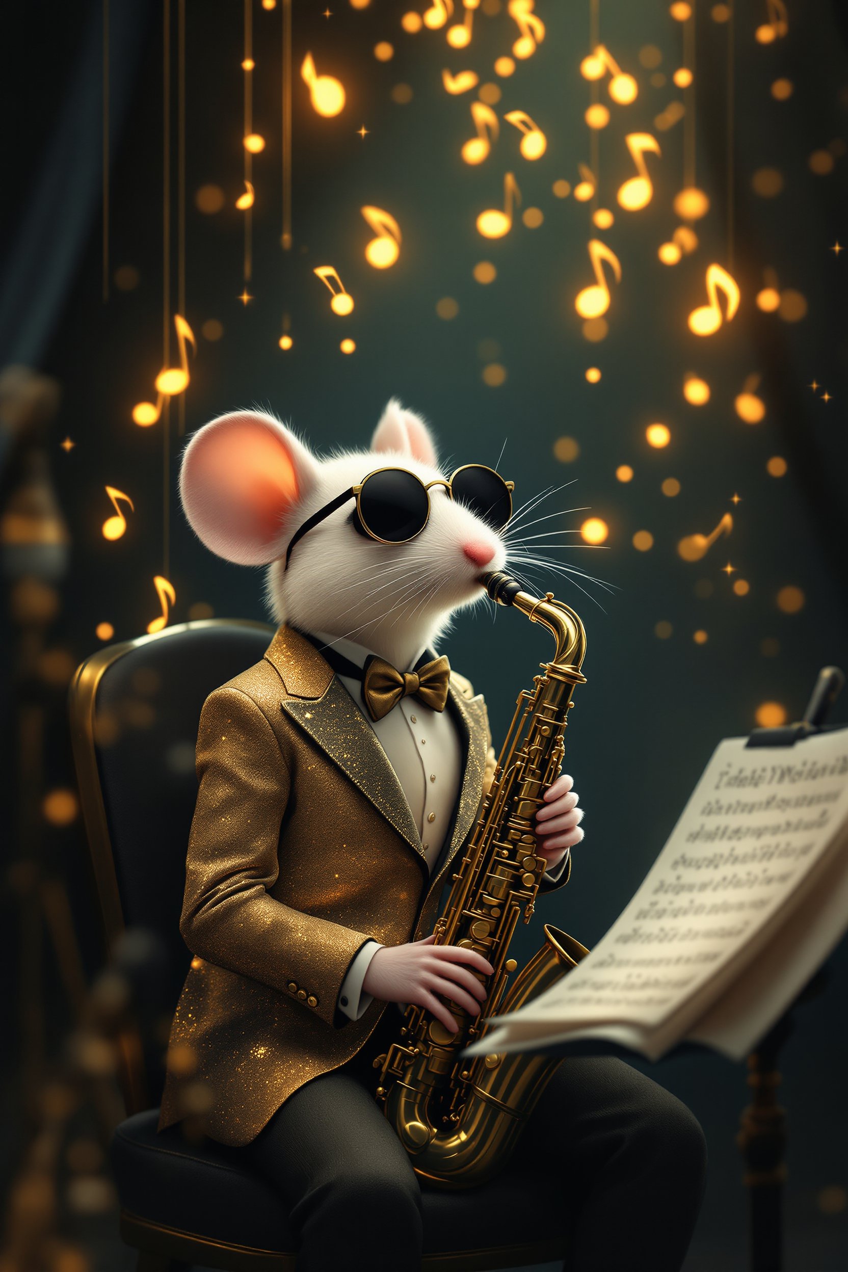 Stylish Mouse in Gold Suit Playing Saxophone with Music Notes in ...