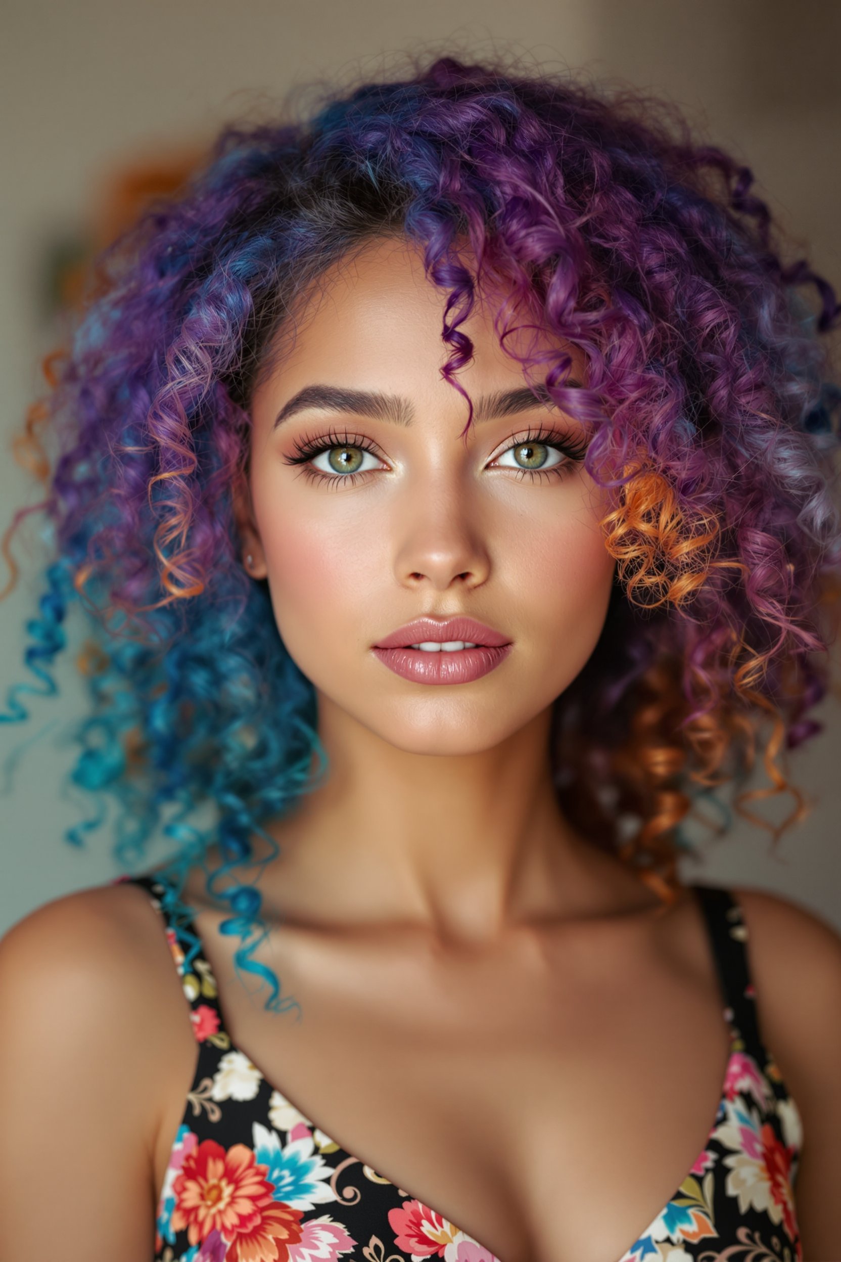 Vibrant Hairstyle Stunning Woman with Blue, Purple, and Orange Hair ...