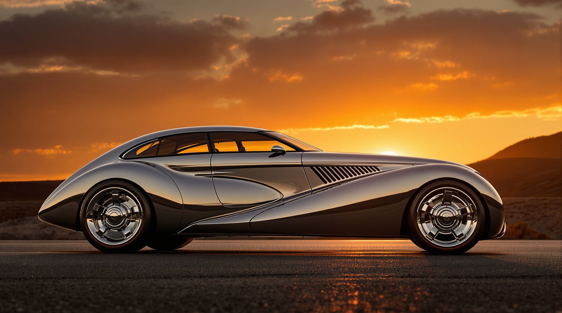 Sleek Silver Convertible Car on Road at Sunset - Pixel Dojo