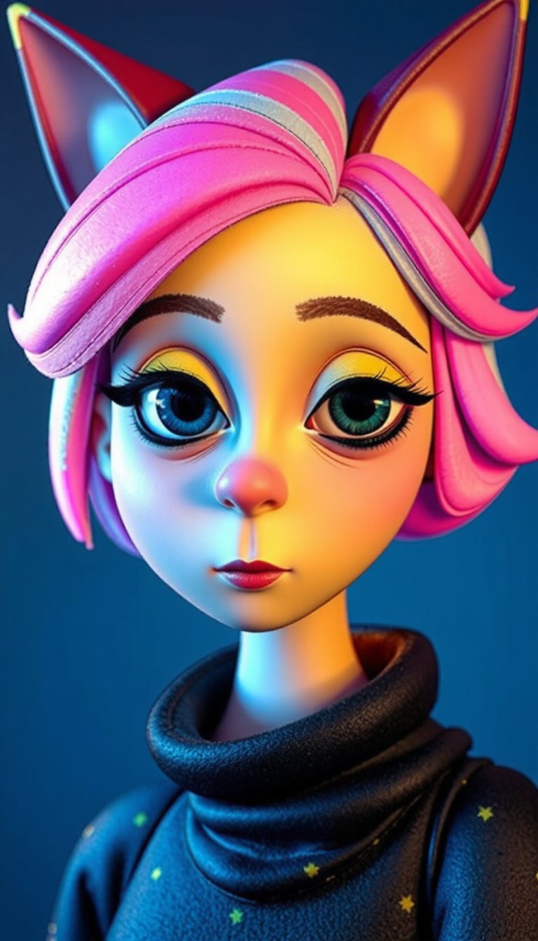Neon Cat-Eared Character in Starry Attire - Pixel Dojo