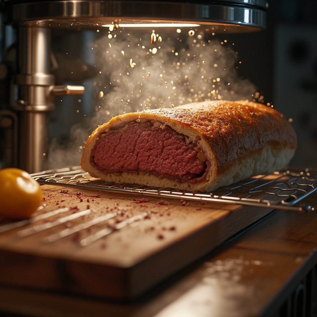 an atomic replicator creating a beef wellington - Pixel Dojo
