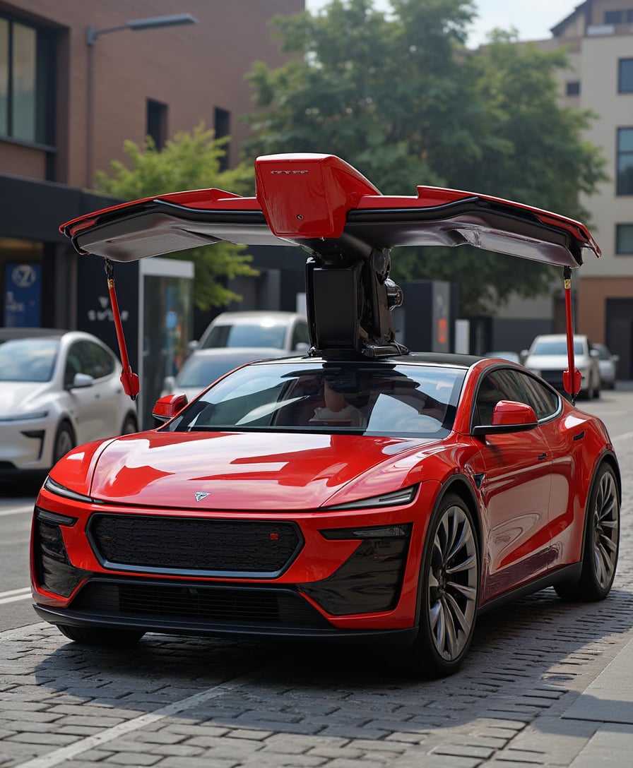 Futuristic Red Tesla Cybertruck with Open Wings - Pixel Dojo