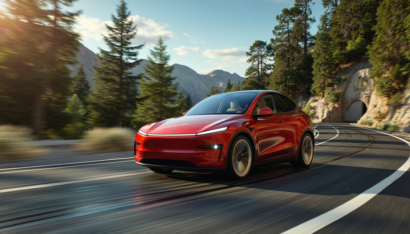 Red Electric Car on Mountain Road - Pixel Dojo