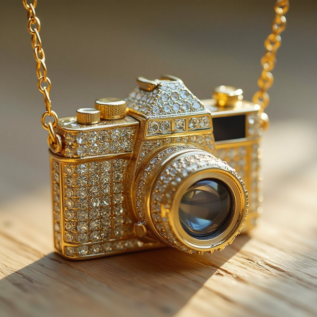 A gold pendant in the shape of a camera studded with diamonds - Pixel Dojo