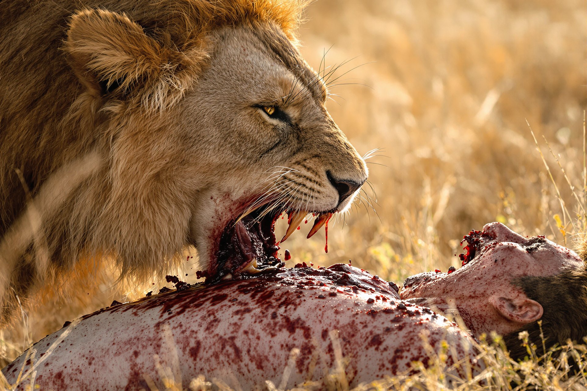 Full body shot of the lion eating biting the person blood dripping from ...